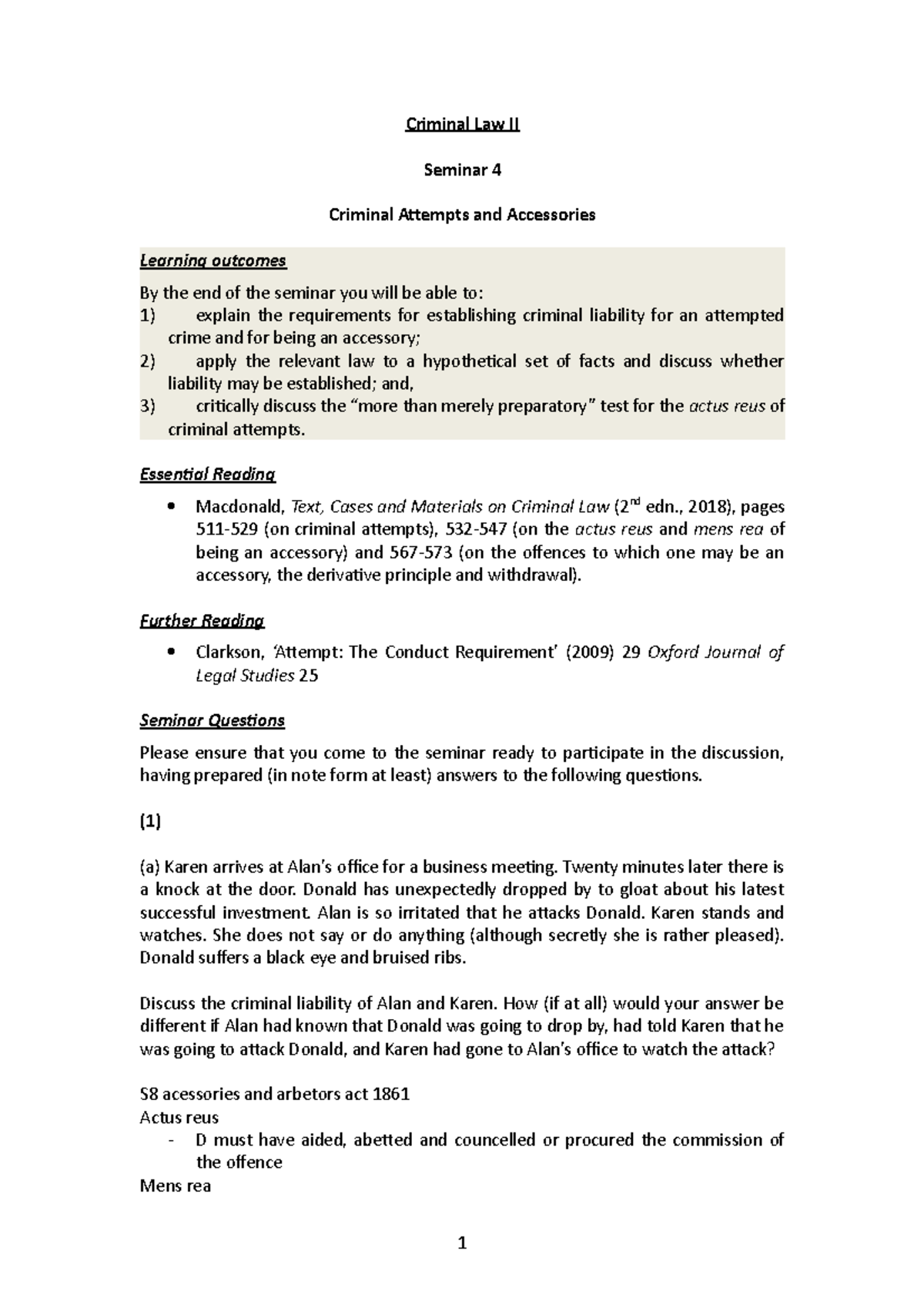 Seminar 4 - Criminal Law II Seminar 4 Criminal Attempts and Accessories ...