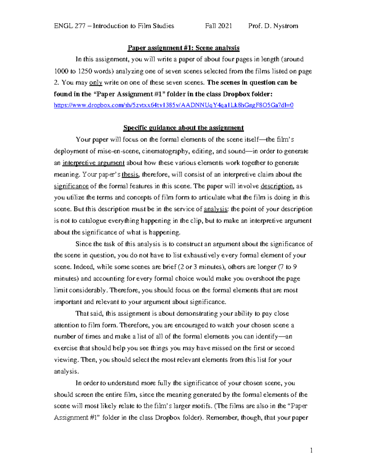 277-21-paper-assignment 1 - ENGL 277 – Introduction to Film Studies ...