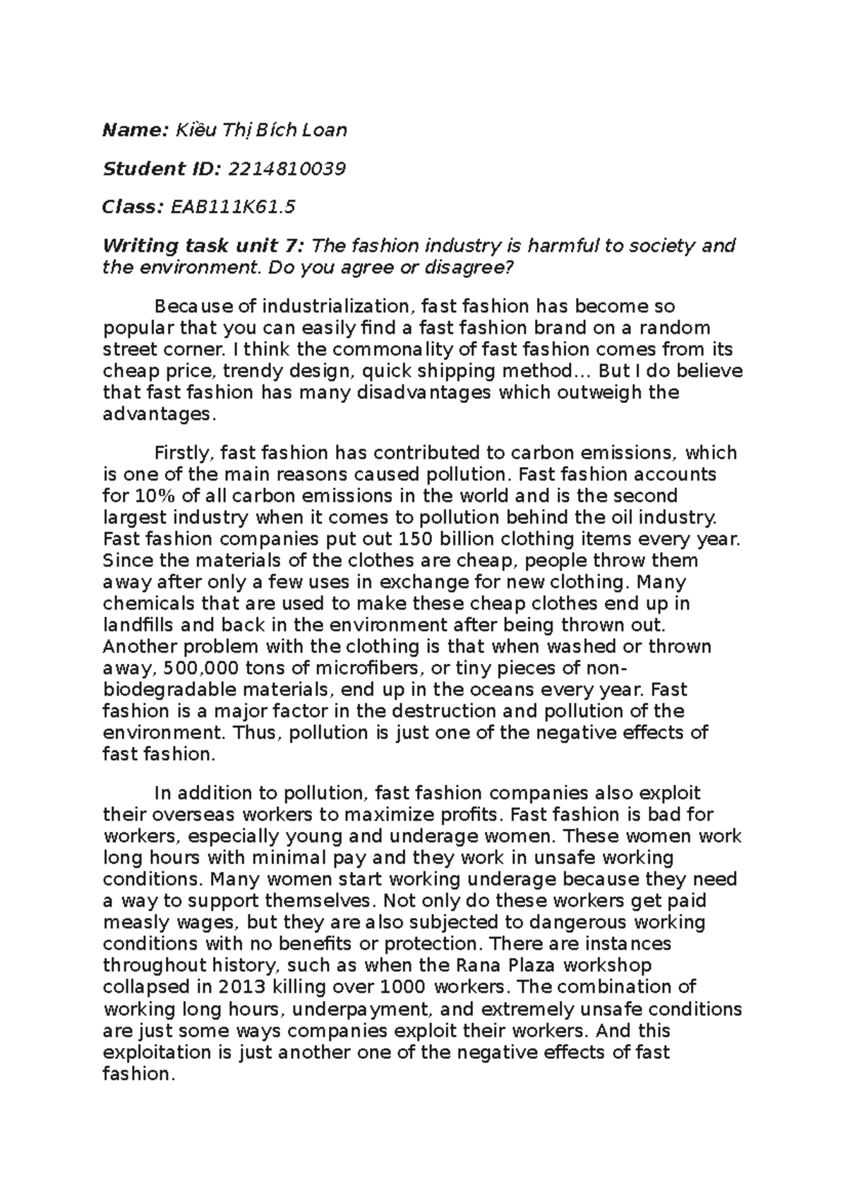 Writing task unit 7- Prism 2 - Name: Kiều Thị Bích Loan Student ID ...