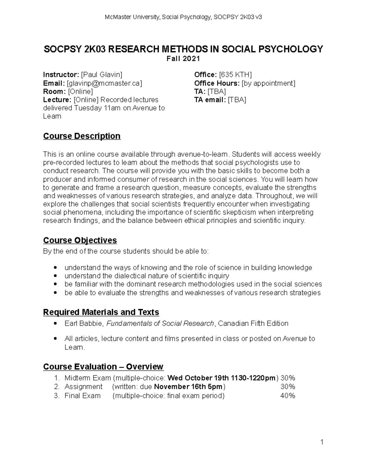 Socpsy 2K03 - Fall 2021 Course Syllabus - SOCPSY 2K03 RESEARCH METHODS ...