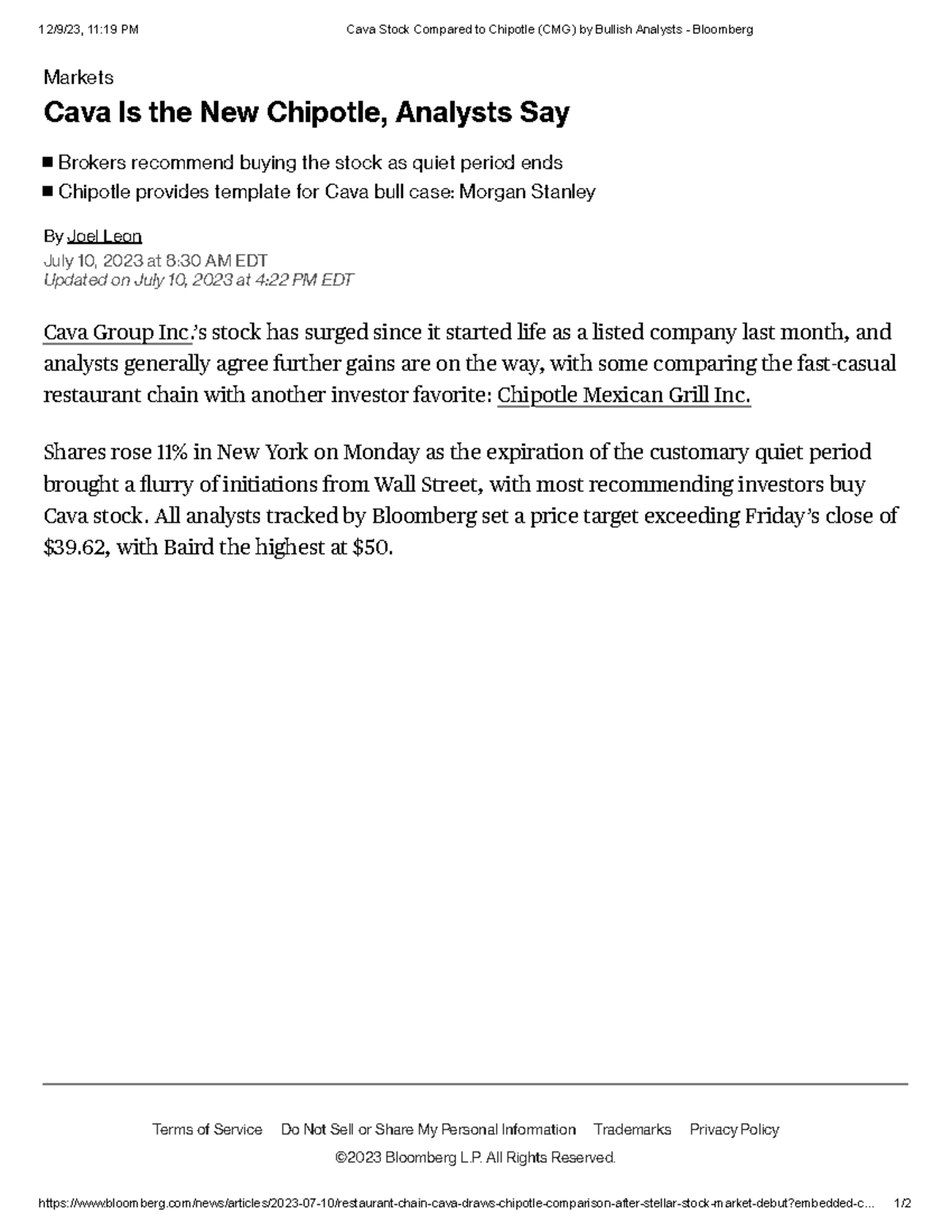 Cava Stock Compared to Chipotle (CMG) by Bullish Analysts - Bloomberg ...