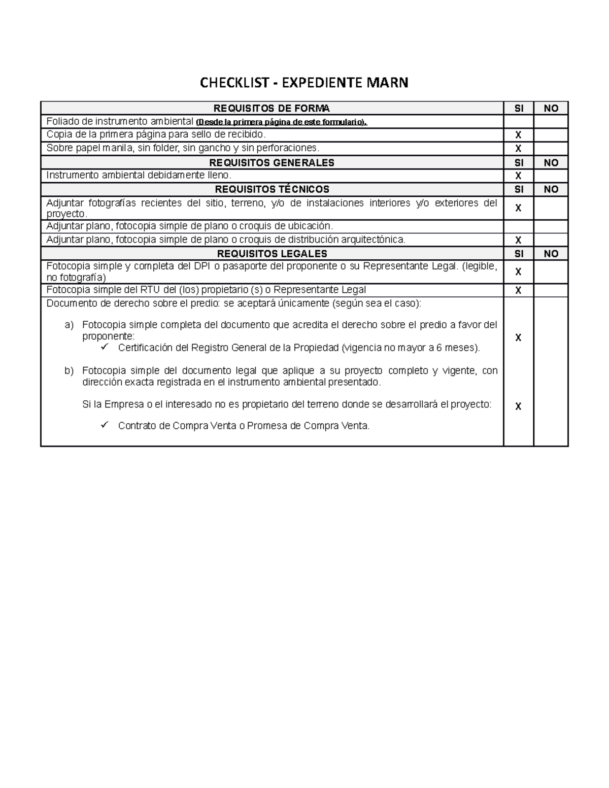 Checklist - MARN - Check list para cumplir con los requisitos de ...