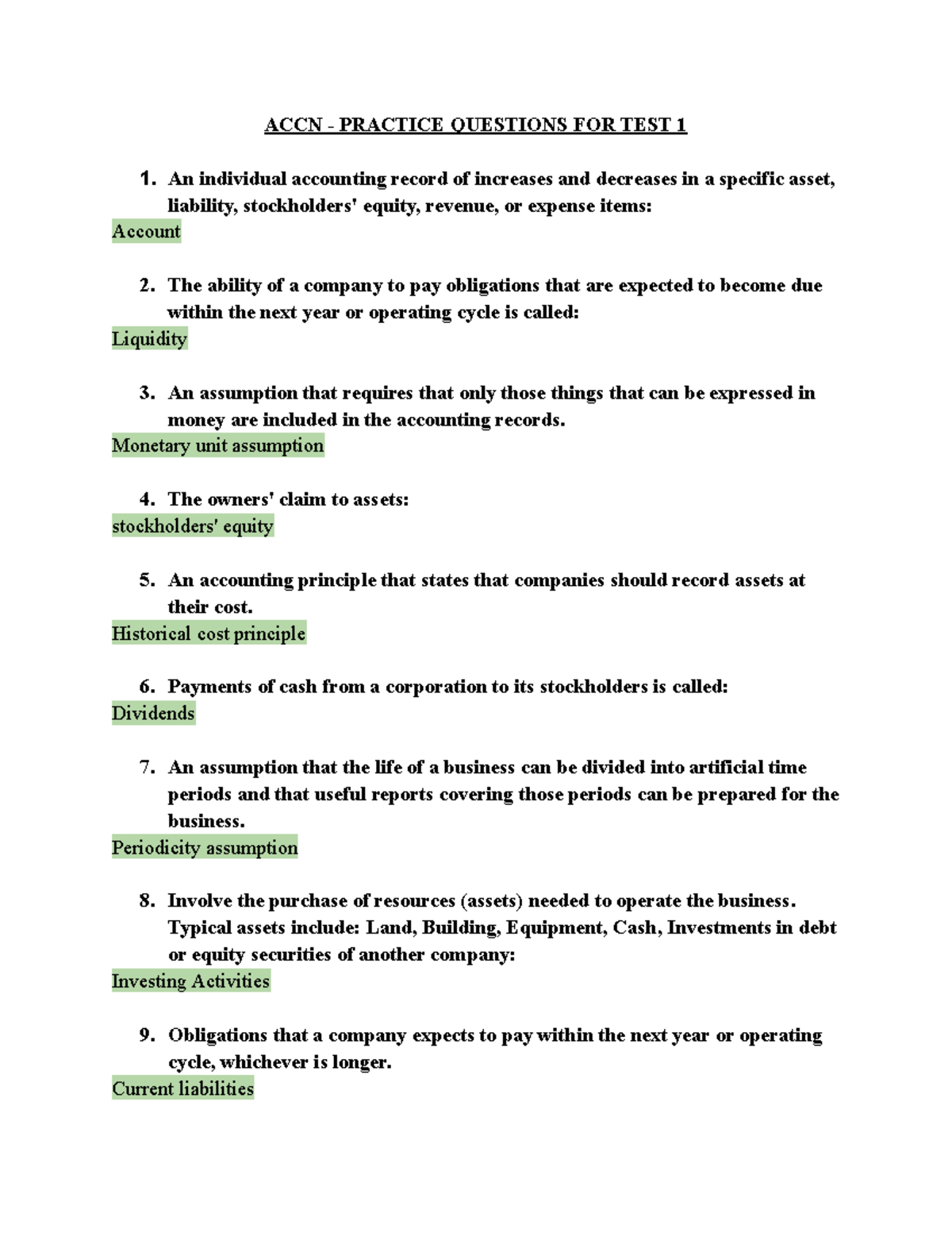 ACCN - Practice Questions FOR TEST 1 - ACCN - PRACTICE QUESTIONS FOR ...