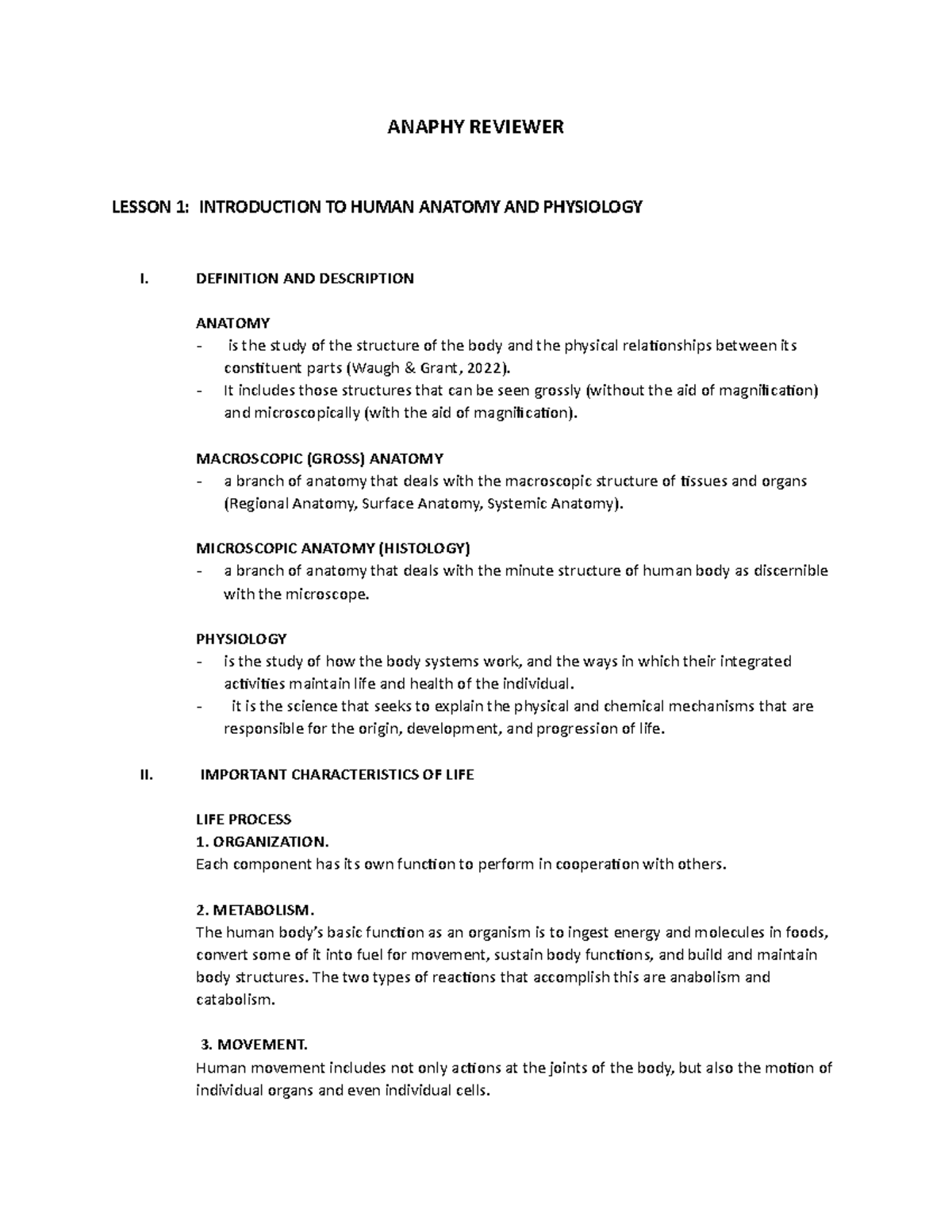 Anaphy Reviewer - n/a - ANAPHY REVIEWER LESSON 1: INTRODUCTION TO HUMAN ...