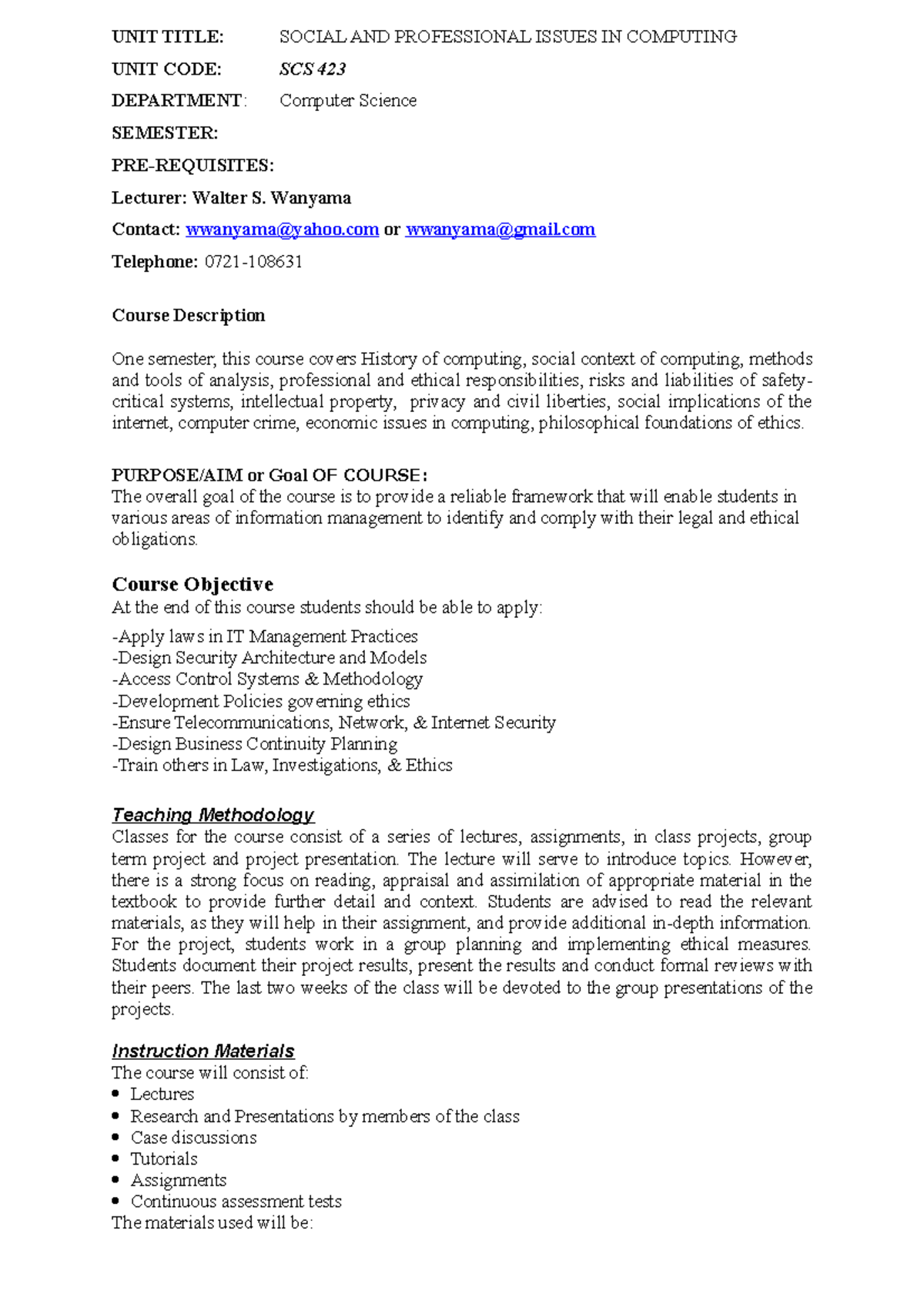 Scscs 423 - Social AND Professional Issues IN Computing - UNIT TITLE ...