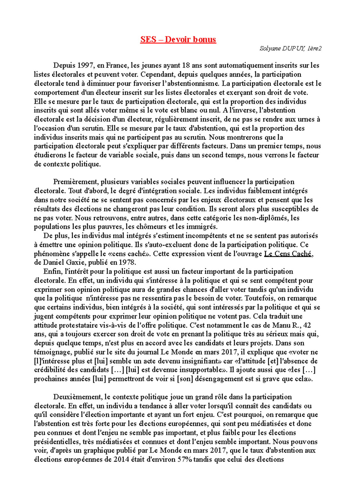 Dissertation SES - Participation électorale - SES – Devoir bonus ...