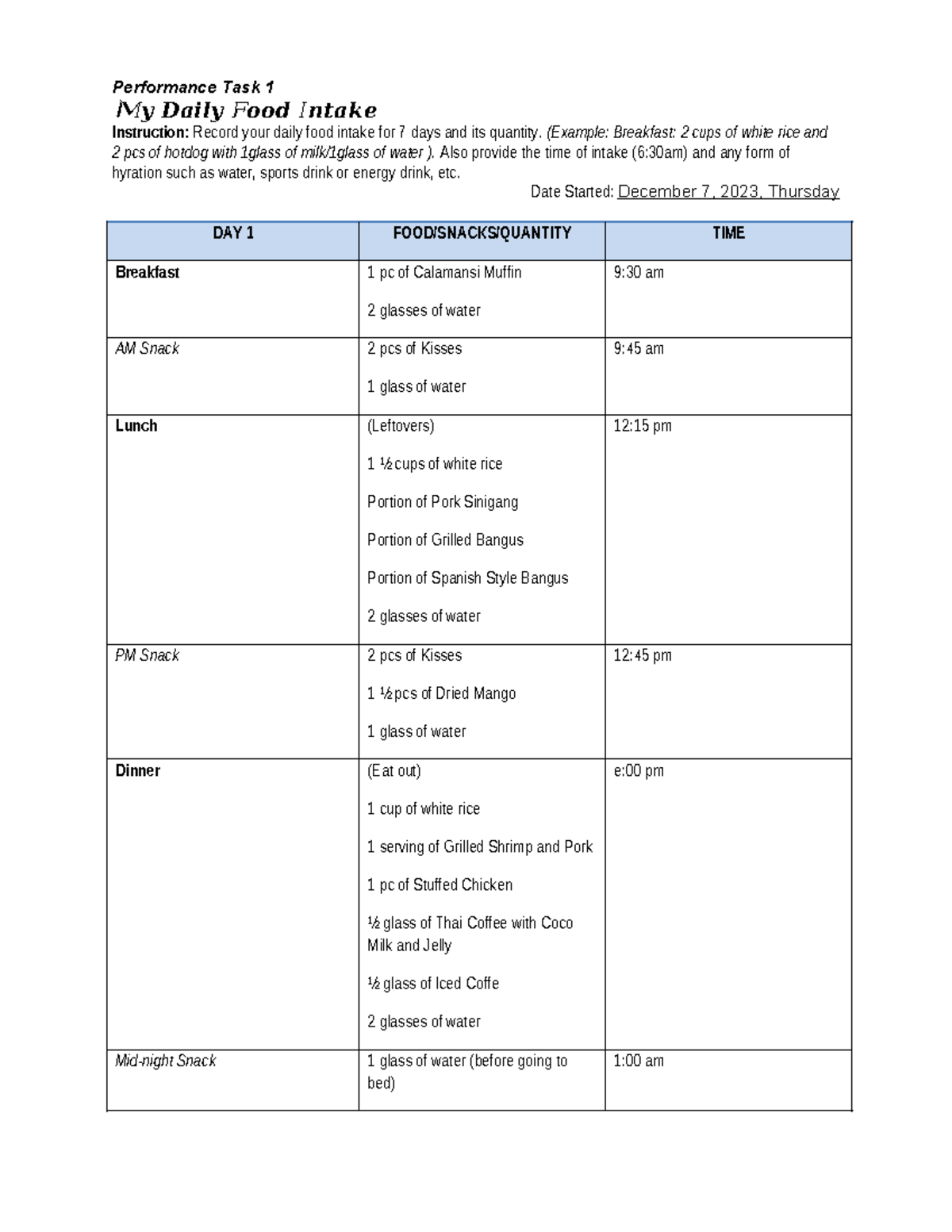 Daily Food Intake - Performance Task 1 My Daily Food Intake Instruction ...