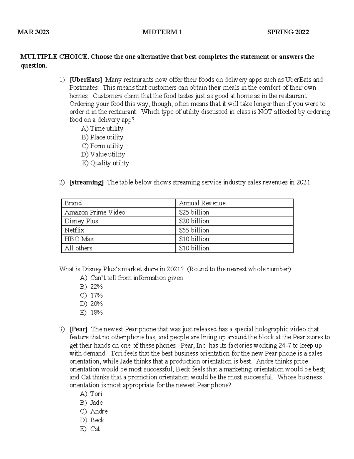 Spring 2022 Exam1 - exam - MAR 3023 MIDTERM 1 SPRING 2022 MULTIPLE ...