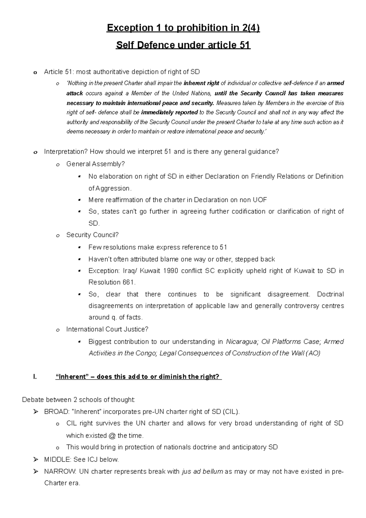 Use of Force - Self Defence under Article 51 Revision - Exception 1 to ...