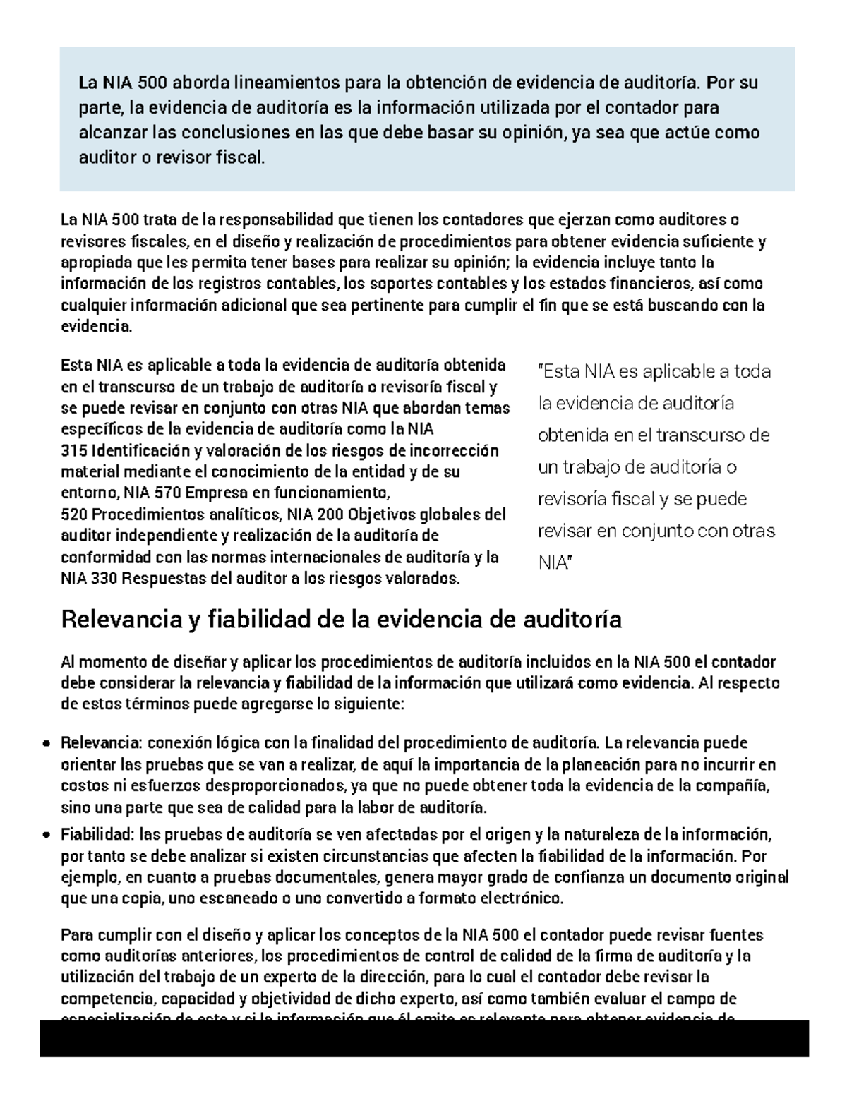 Evidencia NIA 500 - La NIA 500 aborda lineamientos para la obtención de ...