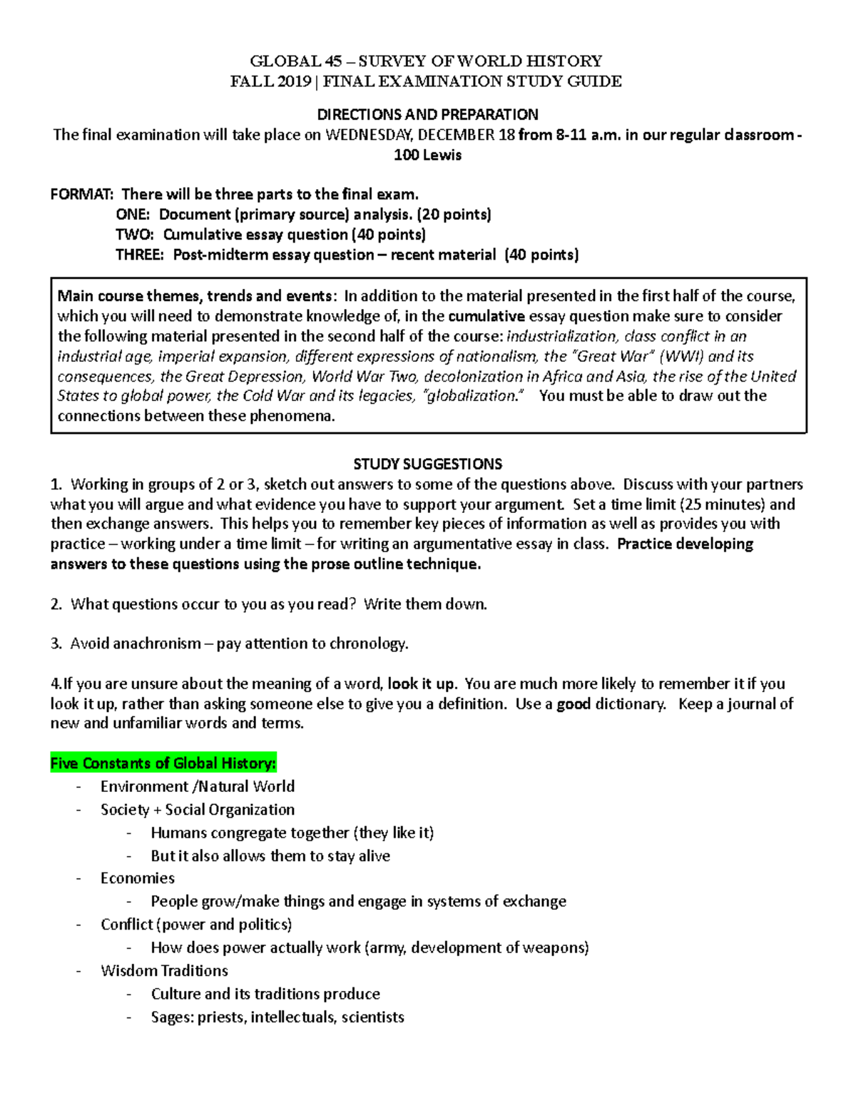 GS 45 Final Study Guide 1 - GLOBAL 45 – SURVEY OF WORLD HISTORY FALL ...