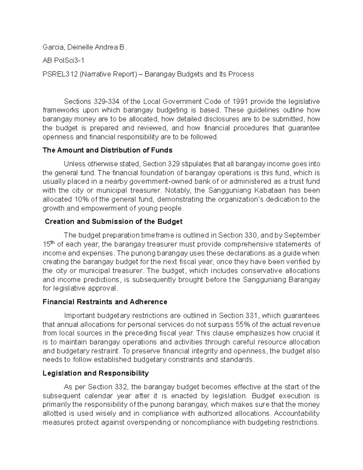 Barangay Budget and Process - Garcia, Deinelle Andrea B. AB PolSci3- 1 ...