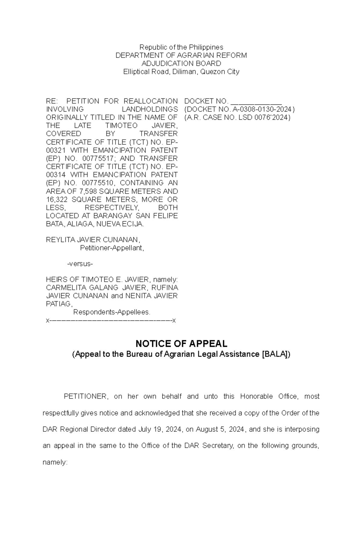 Notice of appeal-cunanan - Republic of the Philippines DEPARTMENT OF ...