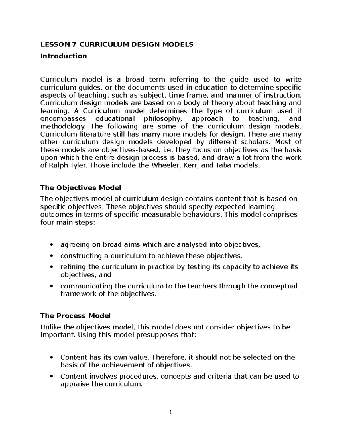 Lesson 7 Curriculum Design Models - LESSON 7 CURRICULUM DESIGN MODELS ...