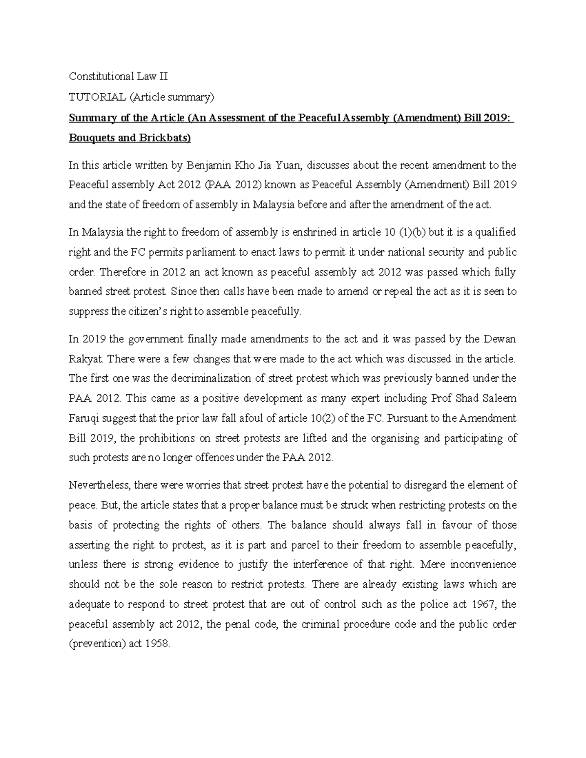 Tutorial 7 (Article Summary) - Constitutional Law II TUTORIAL (Article ...