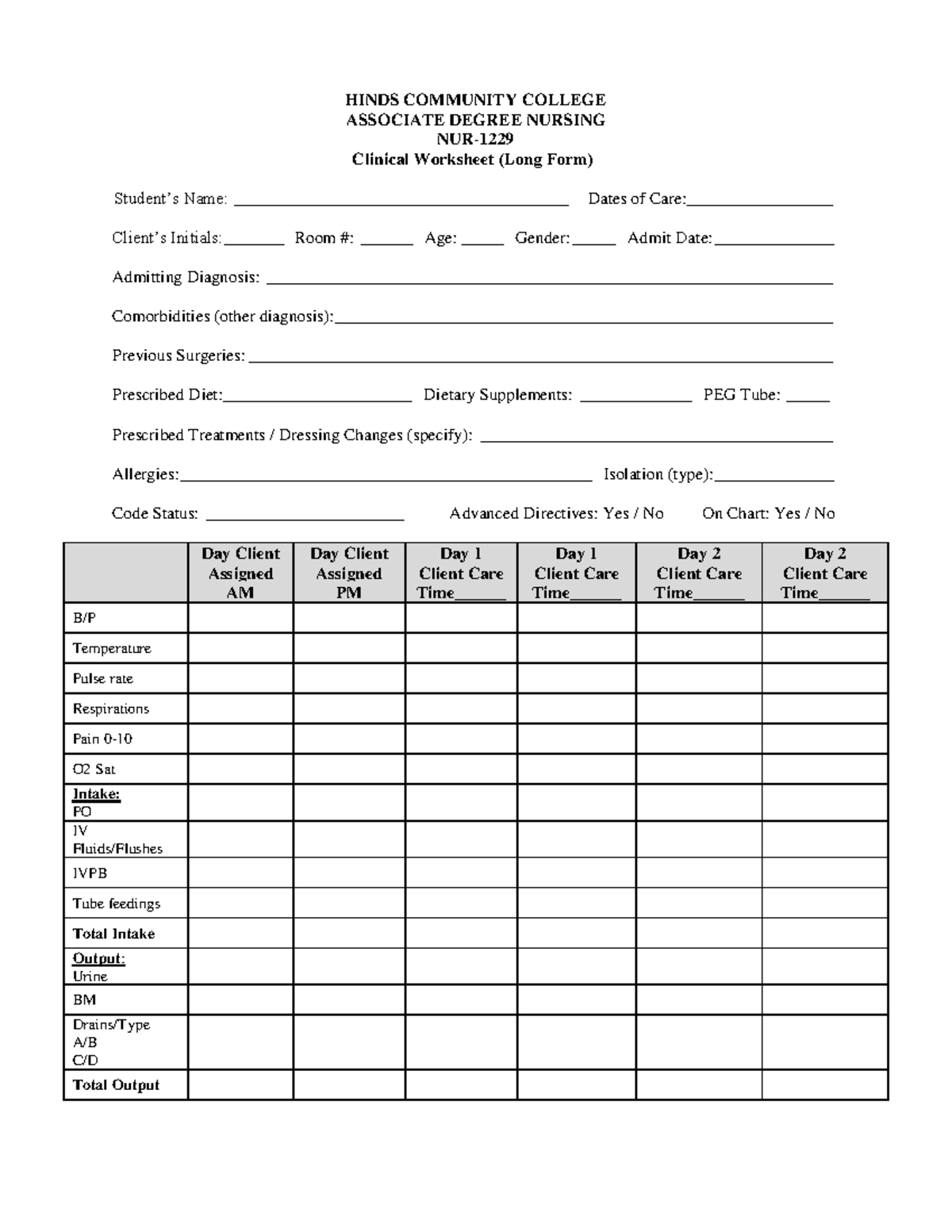 Clinical Long Form - HINDS COMMUNITY COLLEGE ASSOCIATE DEGREE NURSING ...