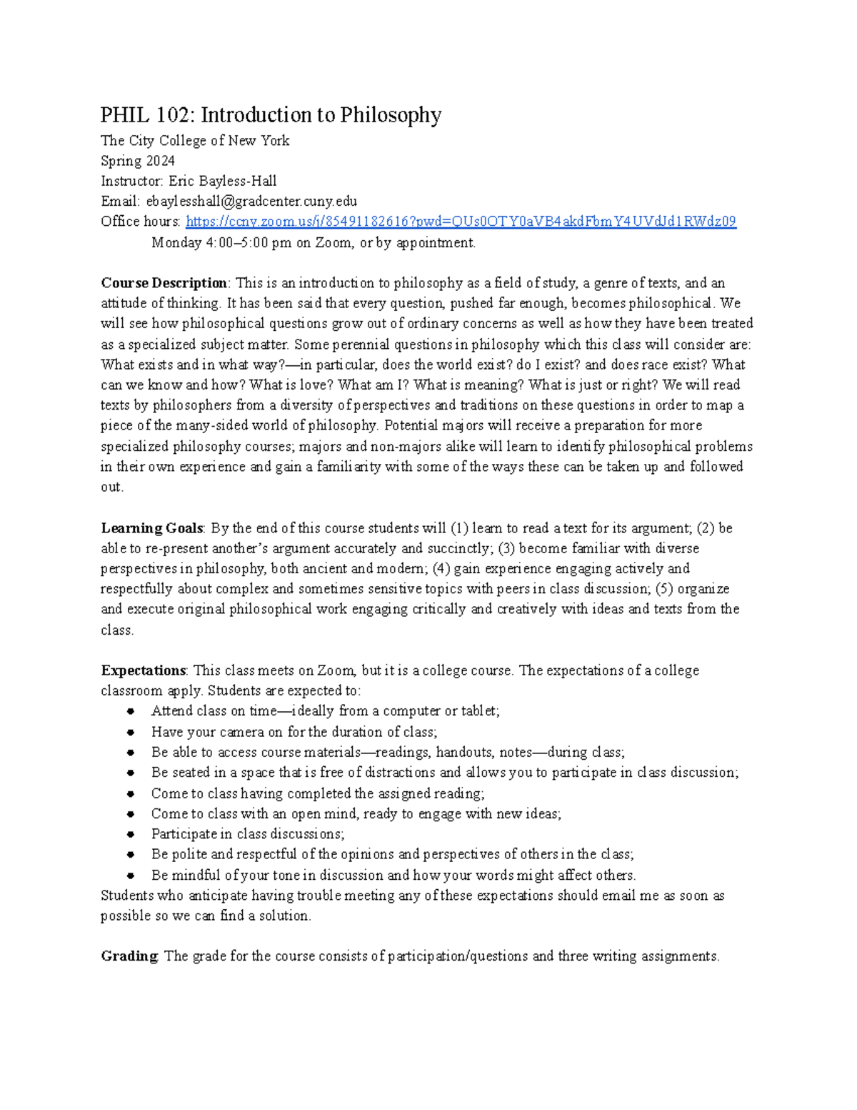 PHIL 102 Sp 24 Syllabus - as of 1.21 - PHIL 102: Introduction to Philosophy The City College of ...