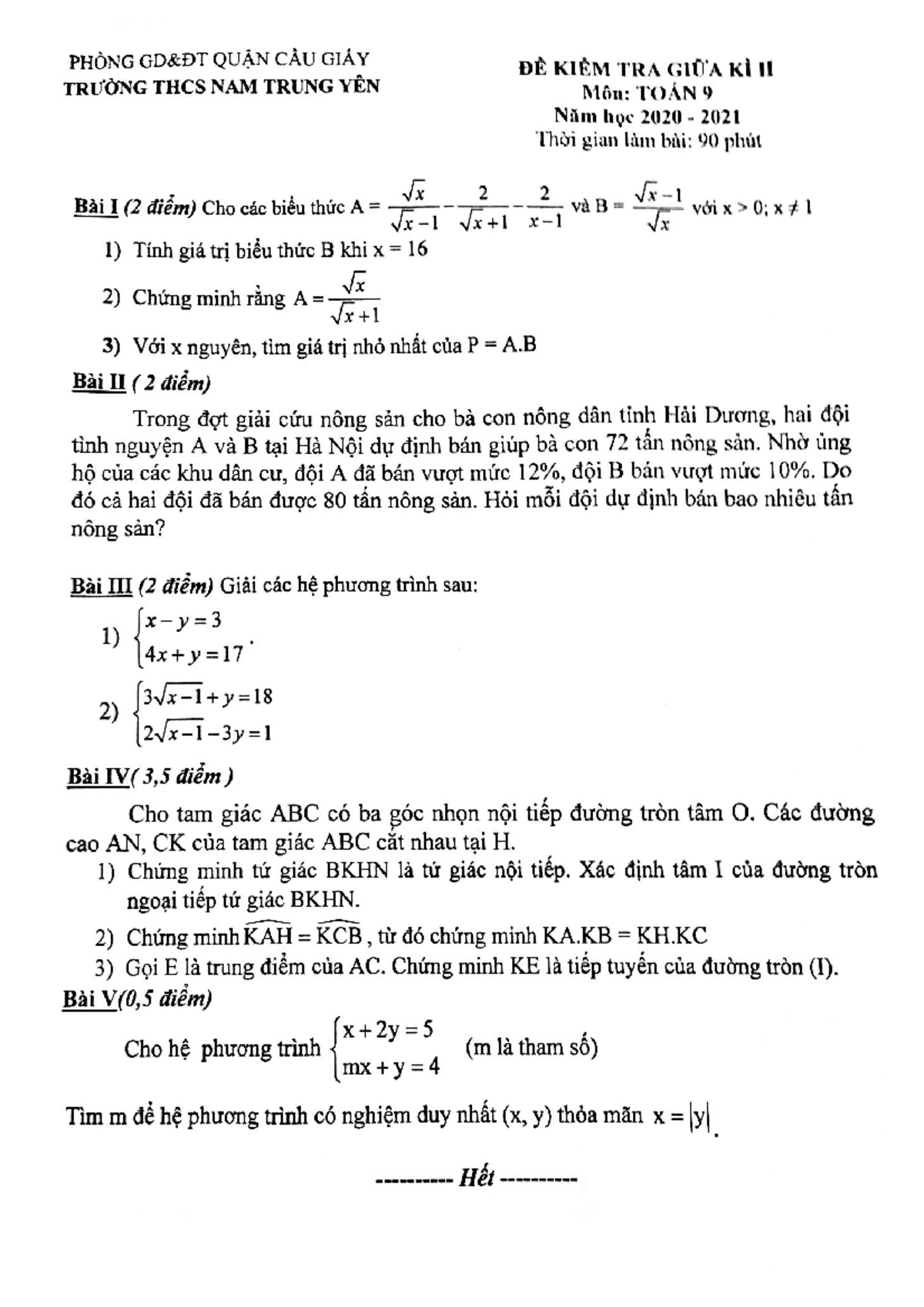De kiem tra giua ki 2 toan 9 nam 2020 2021 truong nam trung yen ha noi - Tap Huan - Studocu
