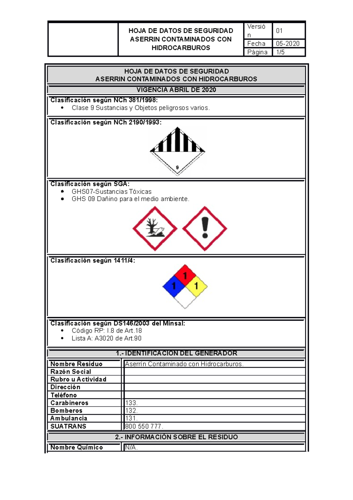 Aserrin Contaminados CON Hidrocarburos - HOJA DE DATOS DE SEGURIDAD ...