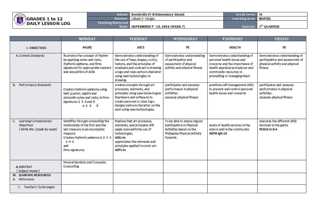 DLL Mapeh 6 Q1 W7 - Wow - GRADES 1 to 12 DAILY LESSON LOG School: Northville IV-B Elementary ...