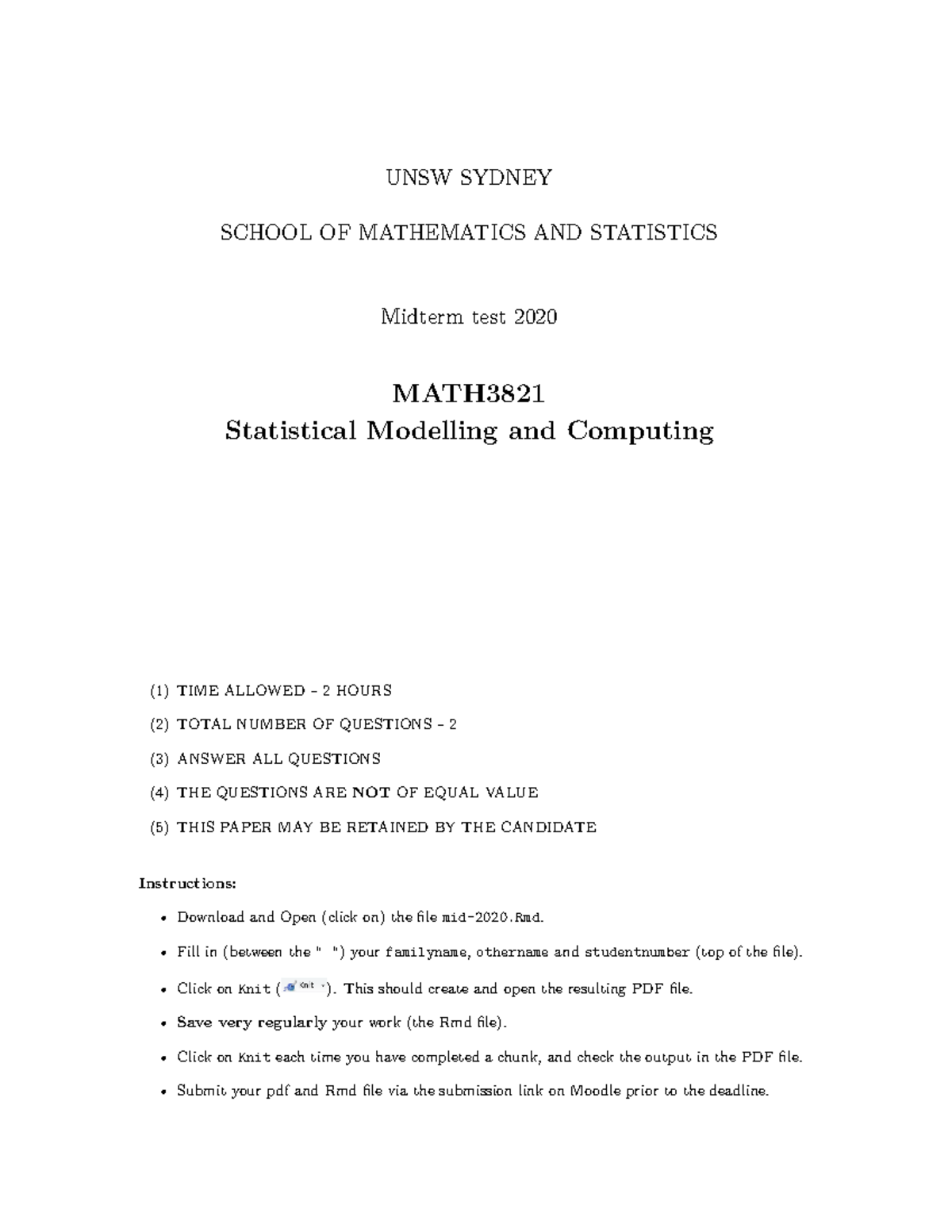 Midterm Exam Paper 2020 Term 2 - UNSW SYDNEY SCHOOL OF MATHEMATICS AND ...