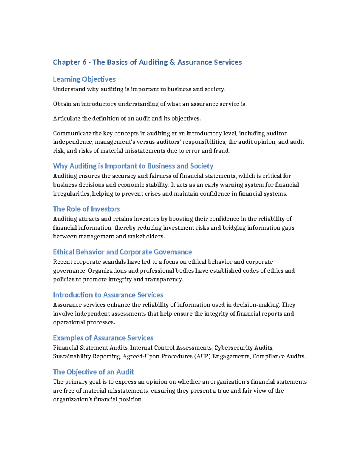 Chapter 6 Auditing and Assurance Services Notes - Chapter 6 - The ...