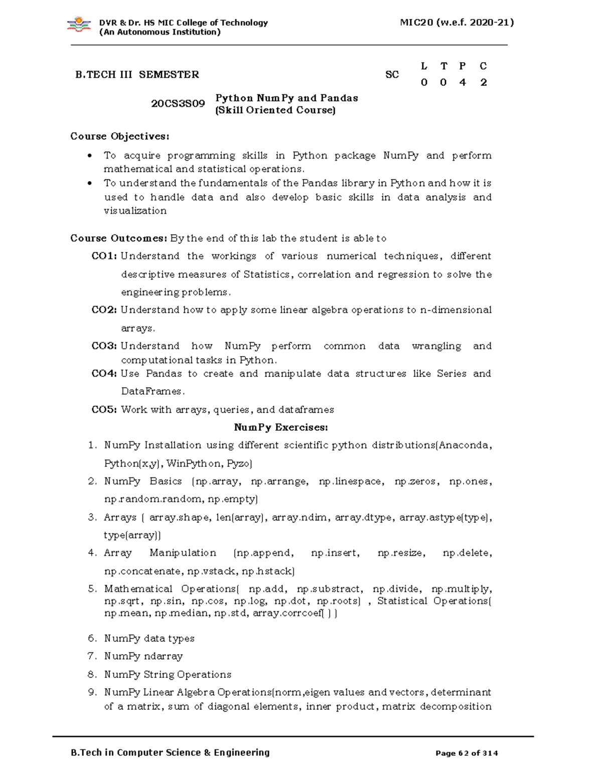 Numpy Pdf An Autonomous Institution B Iii Semester Sc L T P C 0 0