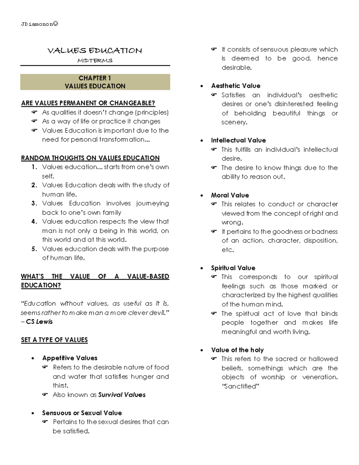 VAED- Midterms - fefrghfhgds - JDiamononJ VALUES EDUCATION MIDTERMS CHAPTER 1 VALUES EDUCATION ...