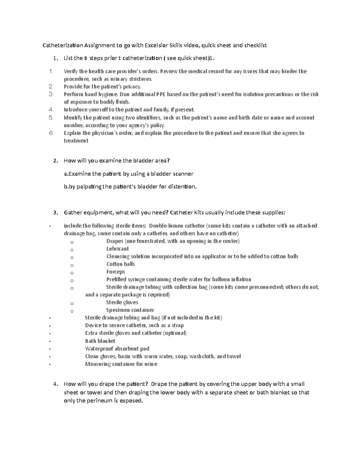 Catheterization Assignment to go with Excelsior Skills video - N243 ...