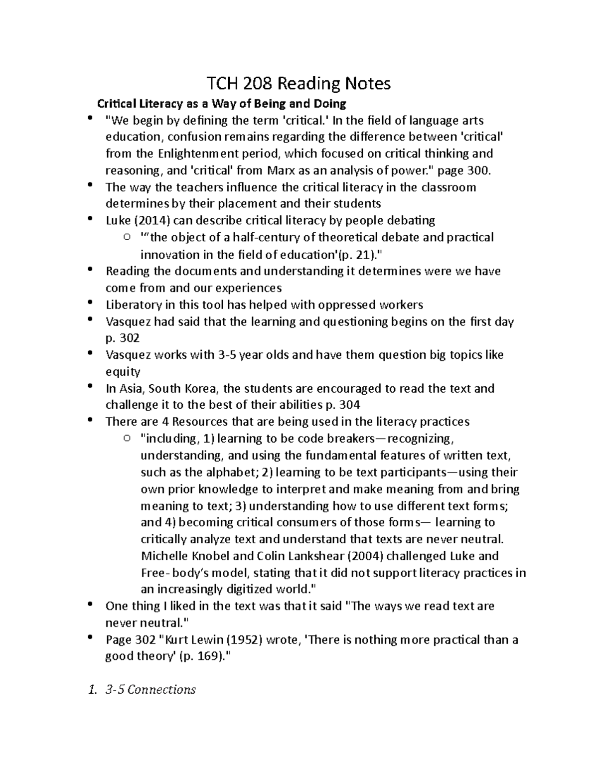 TCH 208 Reading Notes - TCH 208 Reading Notes Critical Literacy as a ...