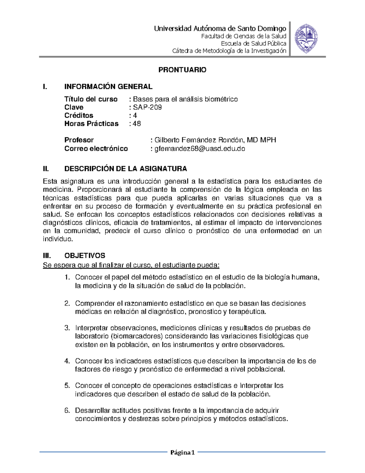 Programa de clases Teoría SAP-209 (Análisis biométrico) - Universidad ...