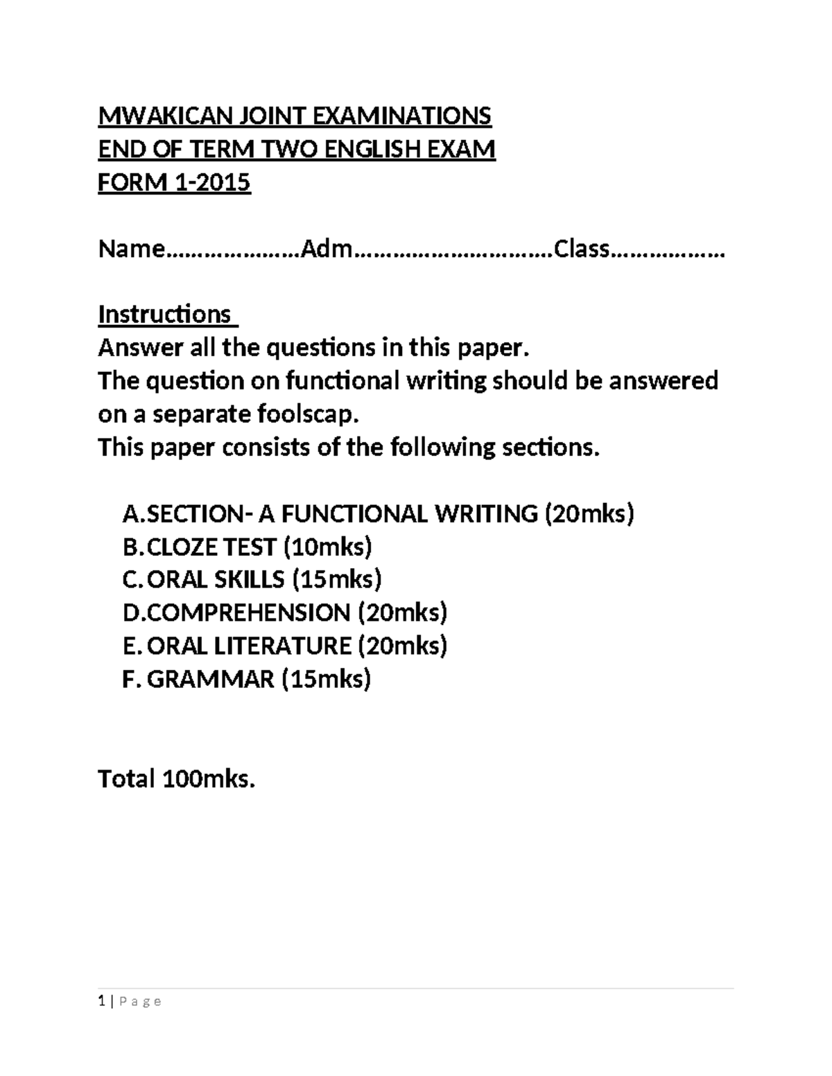 Model engf1t127621711 - MWAKICAN JOINT EXAMINATIONS END OF TERM TWO ...