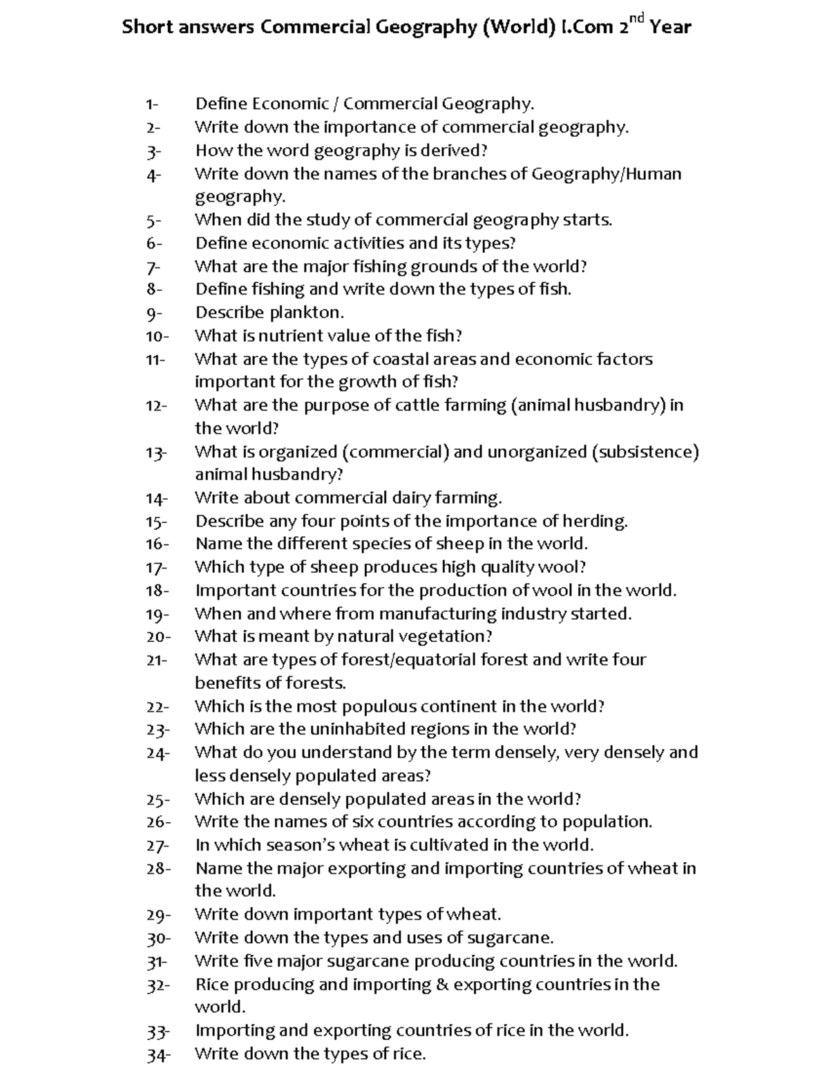 Commercial geography II Year - Short answers Commercial Geography ...