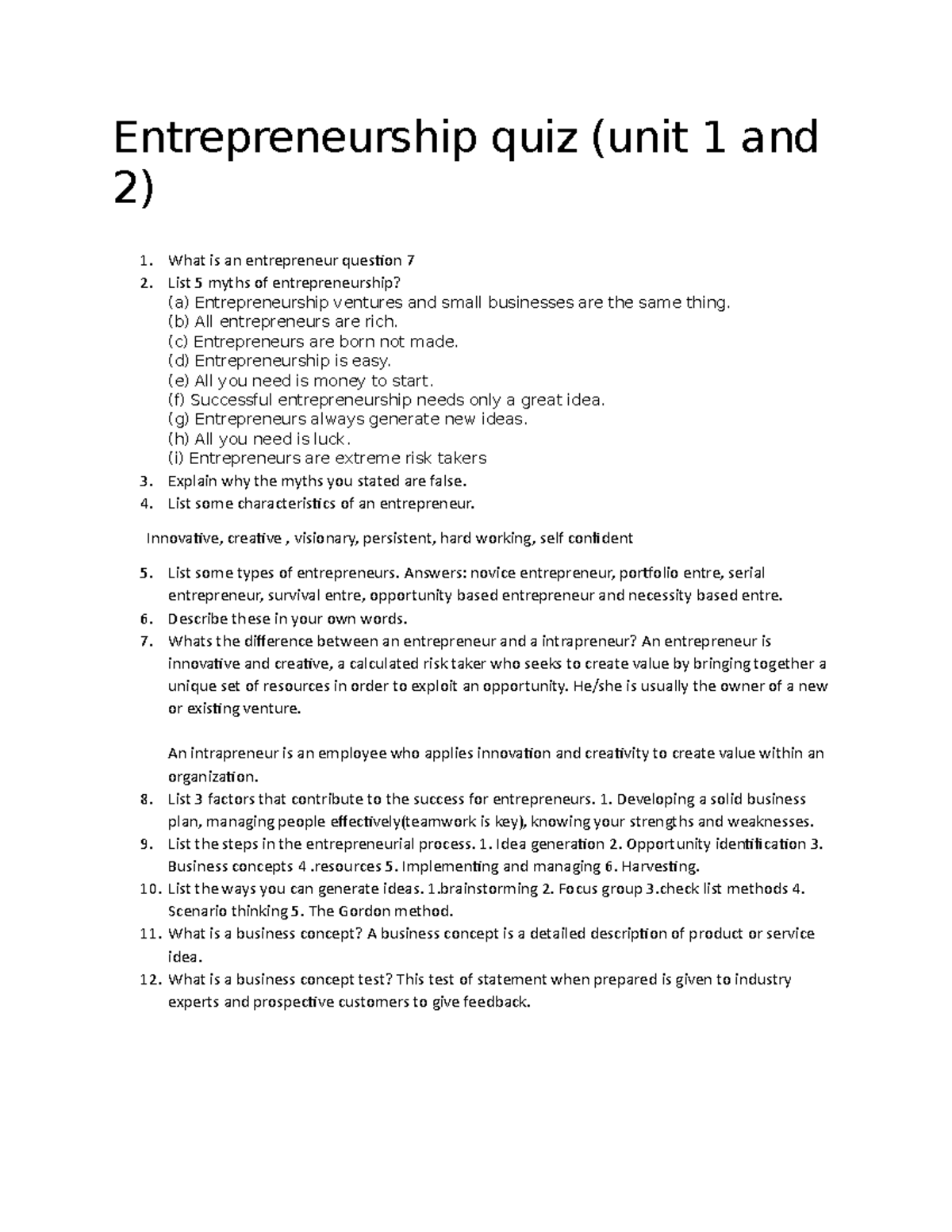 Entrepreneurship quiz unit1 free - Entrepreneurship quiz (unit 1 and 2 ...