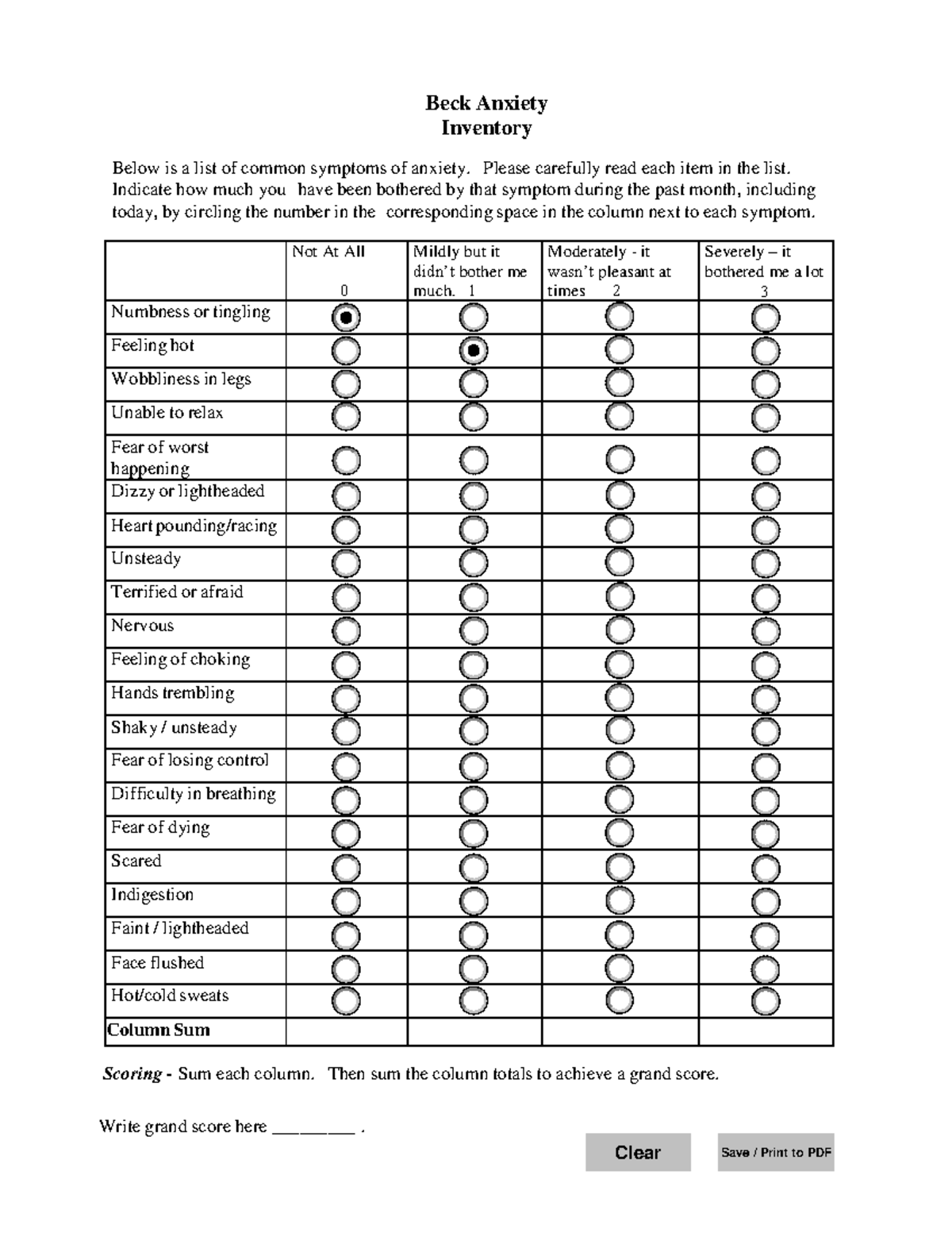 Anxiety Symptoms Questionnaire BAI - Beck Anxiety Inventory Below is a ...