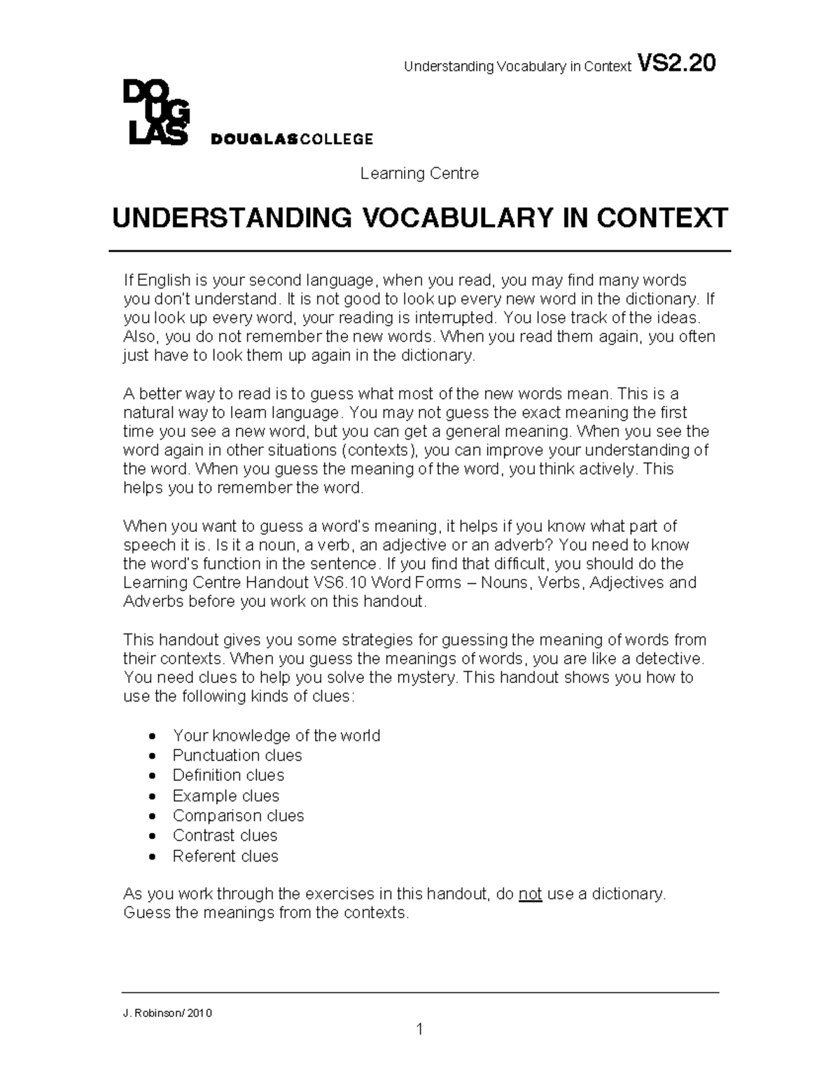 Understanding vocabulary in context 1 - J. Robinson/ 2010 Learning ...