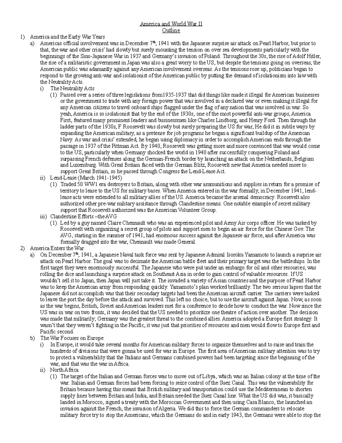 WWII Outline - America and World War II Outline 1) America and the ...