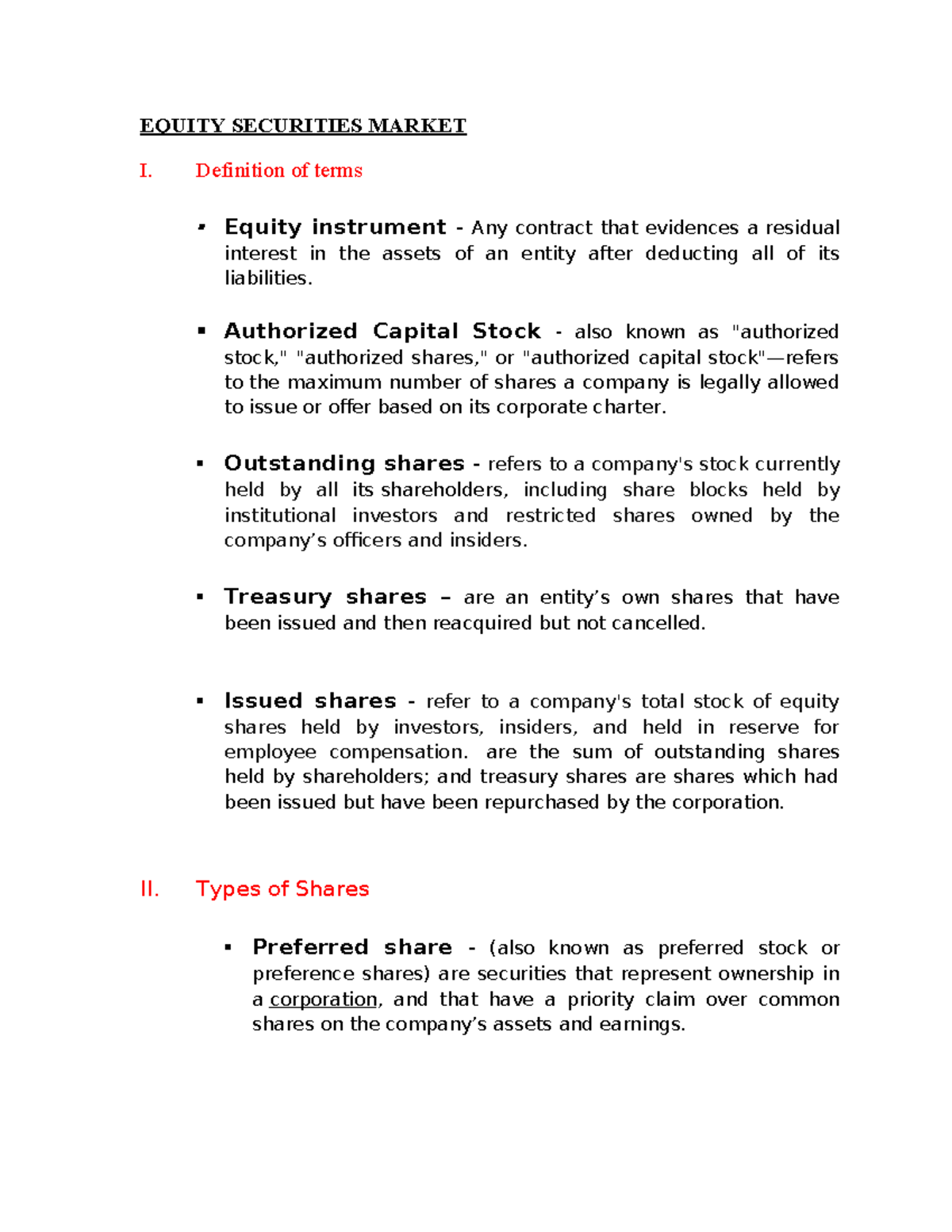 Equity Securities Market - EQUITY SECURITIES MARKET I. Definition of ...