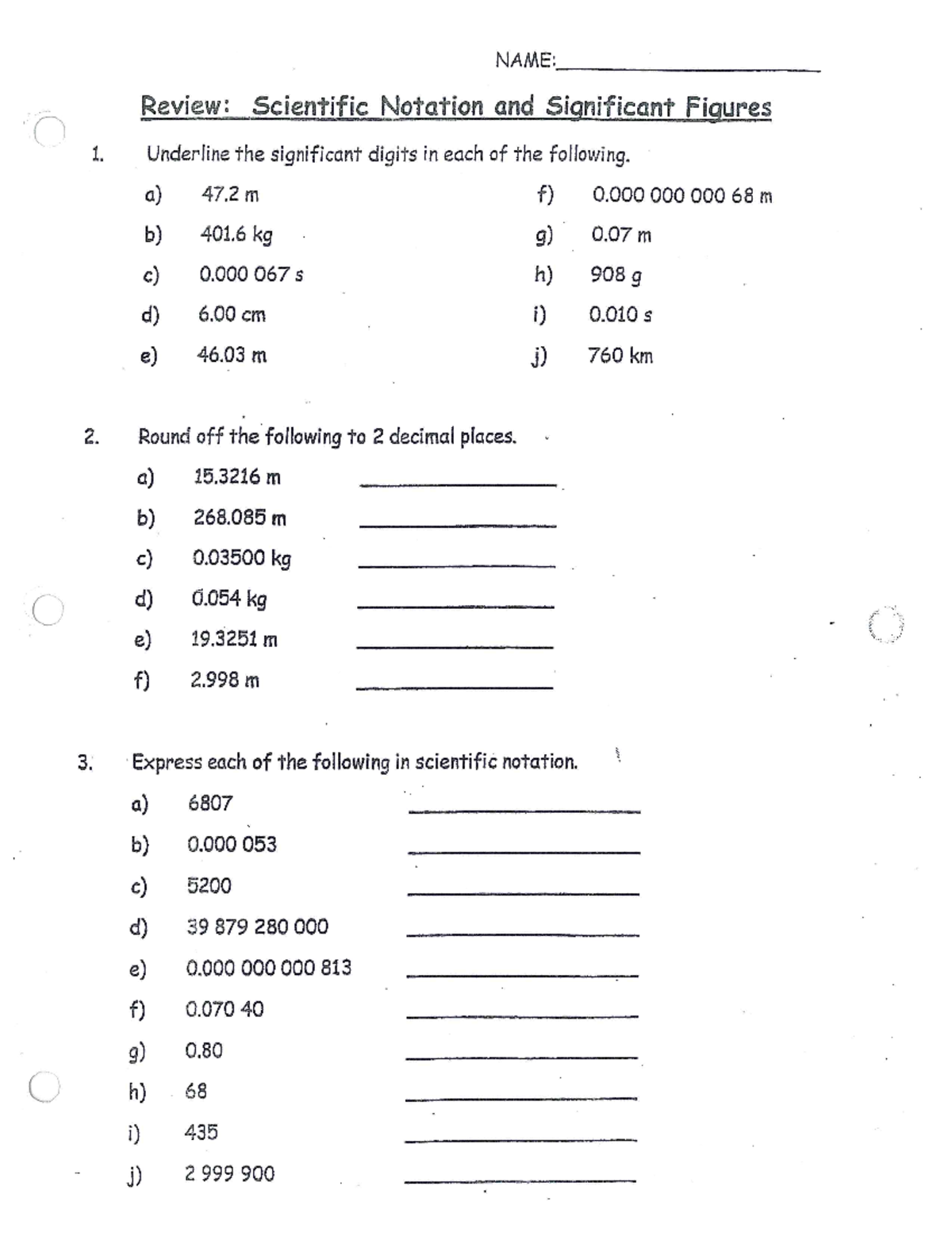 Review Scientific Notation and Significant Figures Sheet - P20 ...