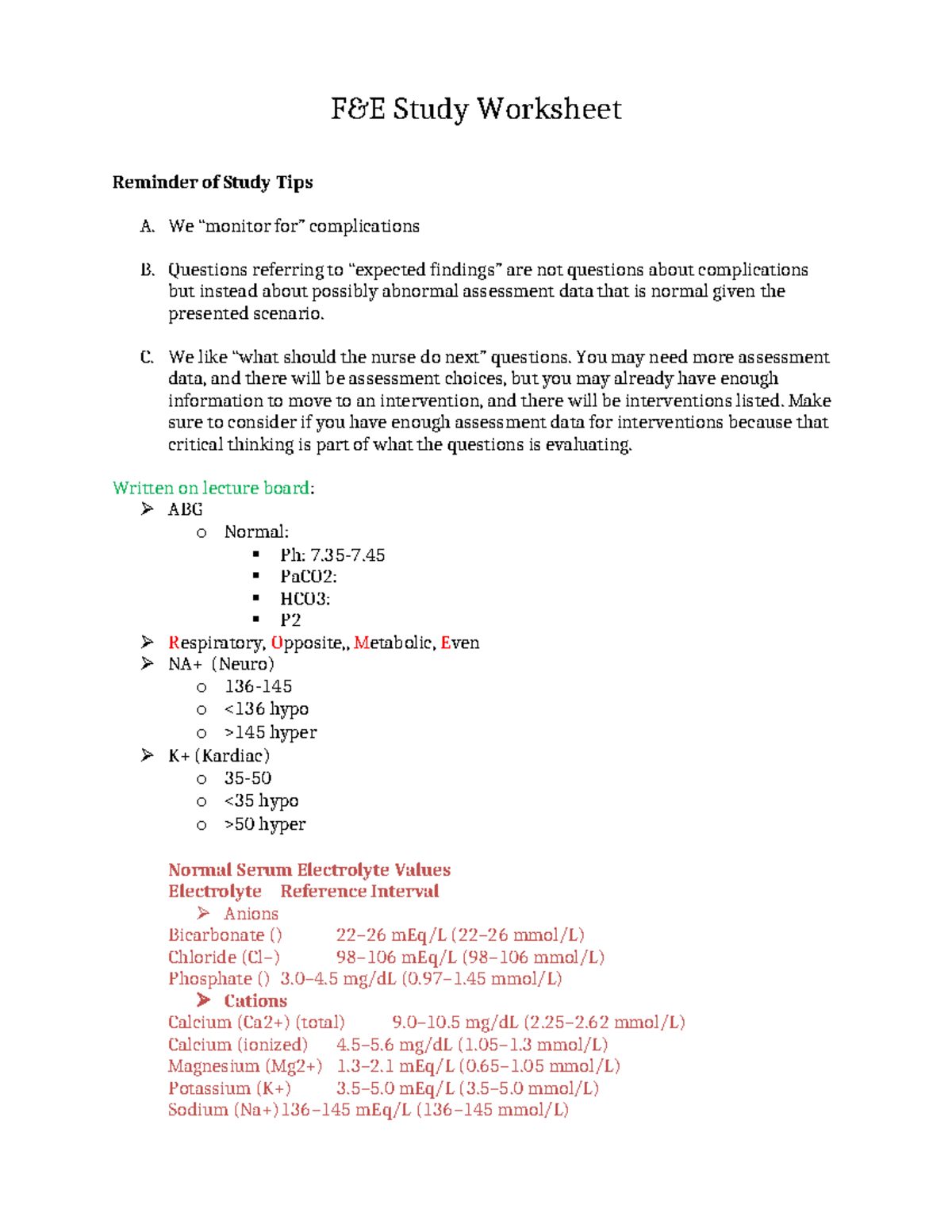 Fluid and Electrolyte Study Worksheet 1 - F&E Study Worksheet Reminder ...