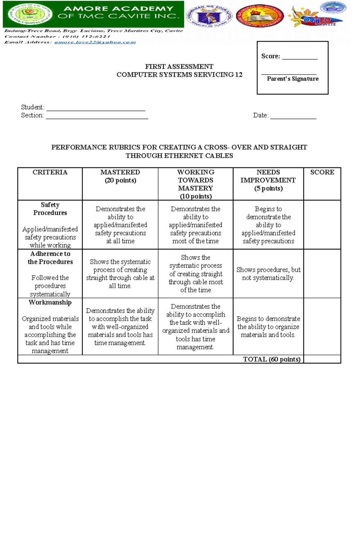 CSS12 - 1ST Assessment(LAN Cabling) - Copy - FIRST ASSESSMENT COMPUTER ...