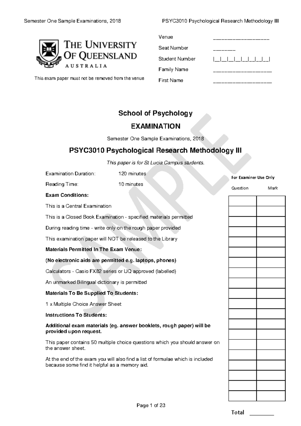 2018 sample paper - Page 1 of 23 This exam paper must not be removed ...