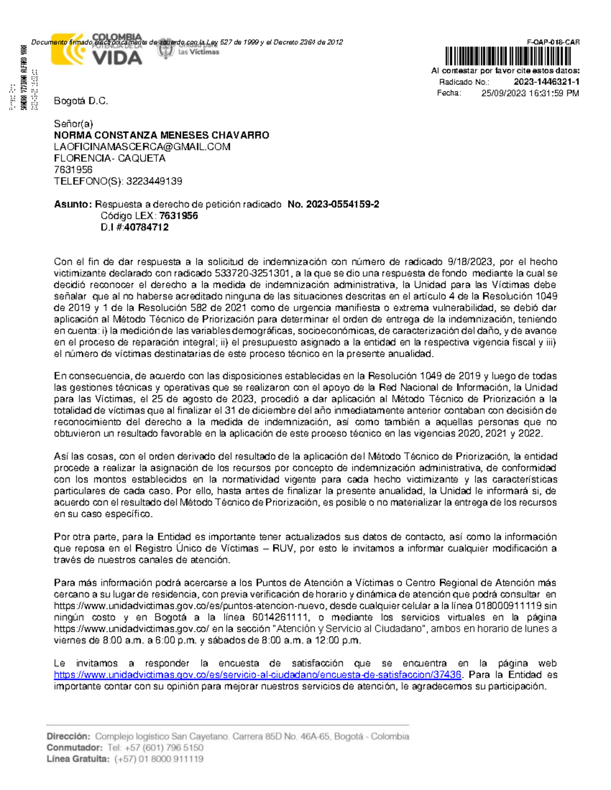 7631956 - 7631956 Bogotá D. Señor(a) NORMA CONSTANZA MENESES CHAVARRO ...