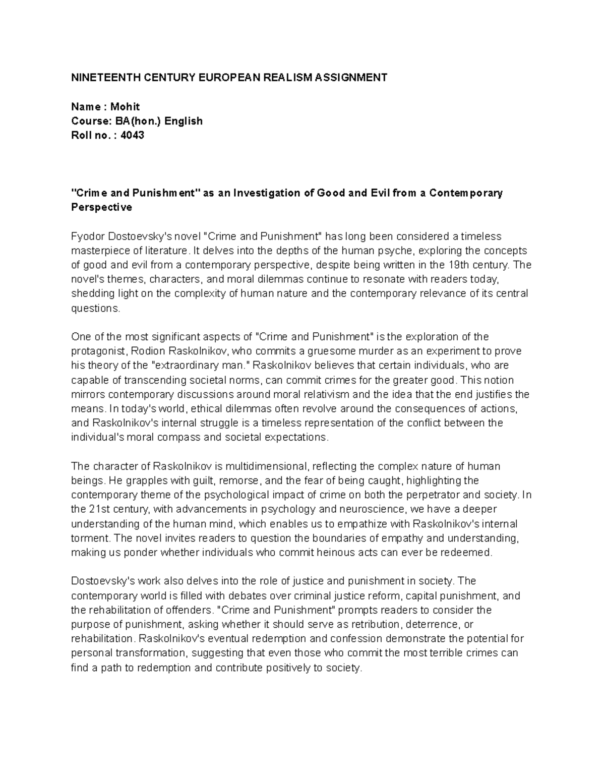 Nineteenth Century European Realism Assignment - NINETEENTH CENTURY ...