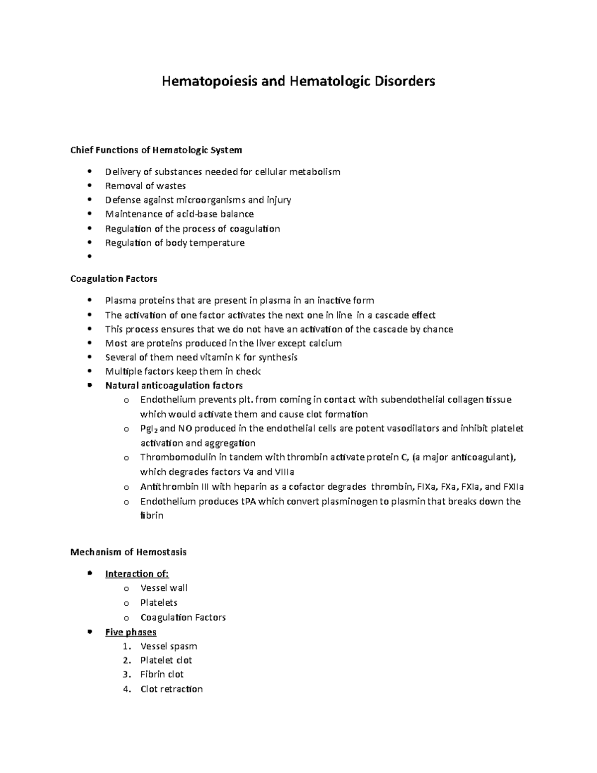Student Study Guide Hematopoiesis and Hematologic Disorders - Hematopoiesis and Hematologic ...