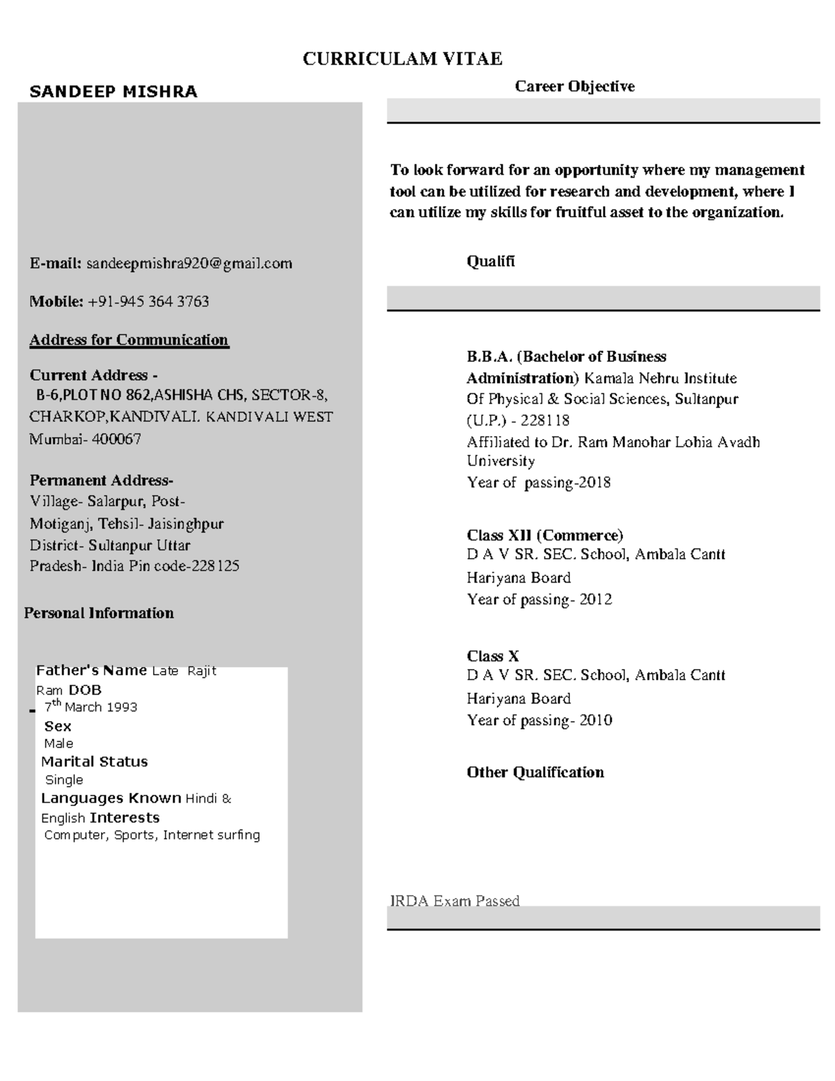 Sandeep (3) (3) (1) - CDVF - CURRICULAM VITAE SANDEEP MISHRA Career ...