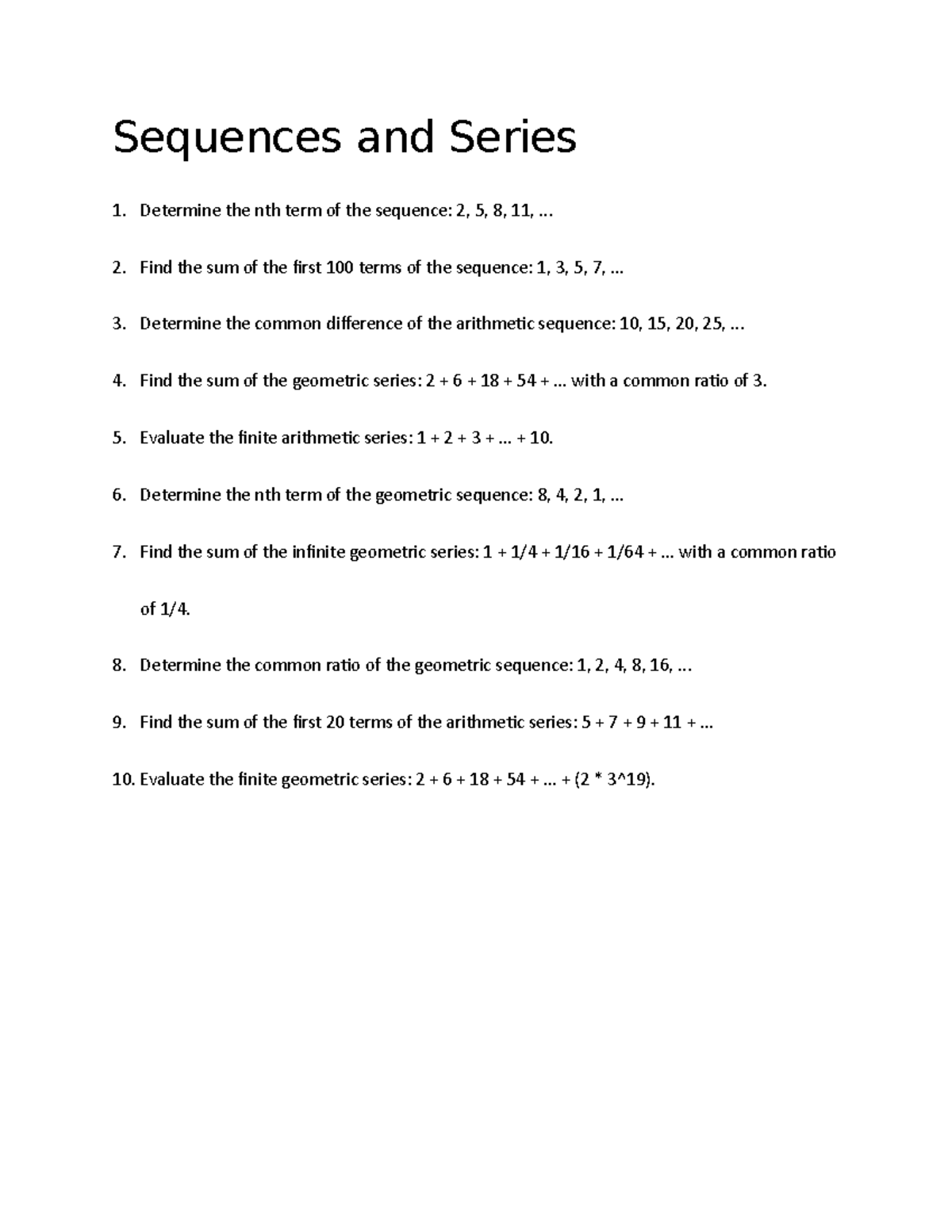 Sequences and Series - self-made worksheet for calculus 2 practice ...
