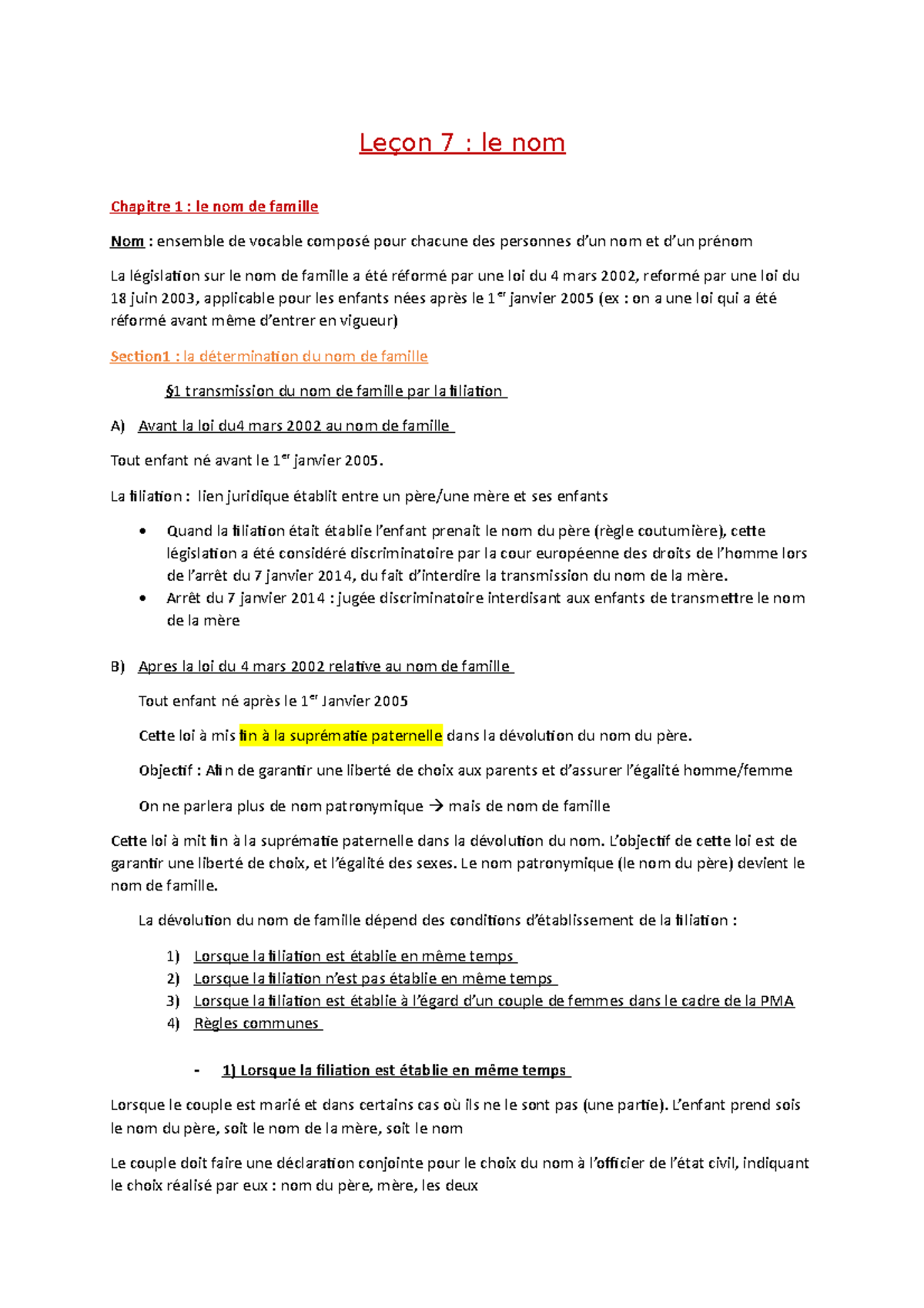 Lecon 7 le nom - cours de droit des personnes sur le nom - Leçon 7 : le ...