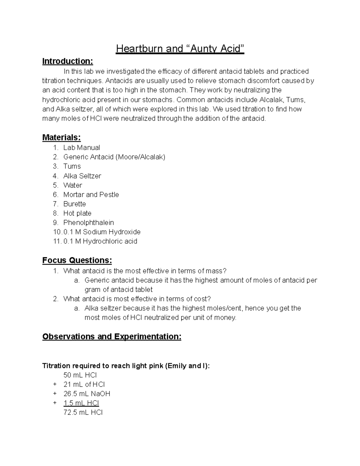 Lab 12 - Lab 12 lab report - Heartburn and “Aunty Acid” Introduction ...