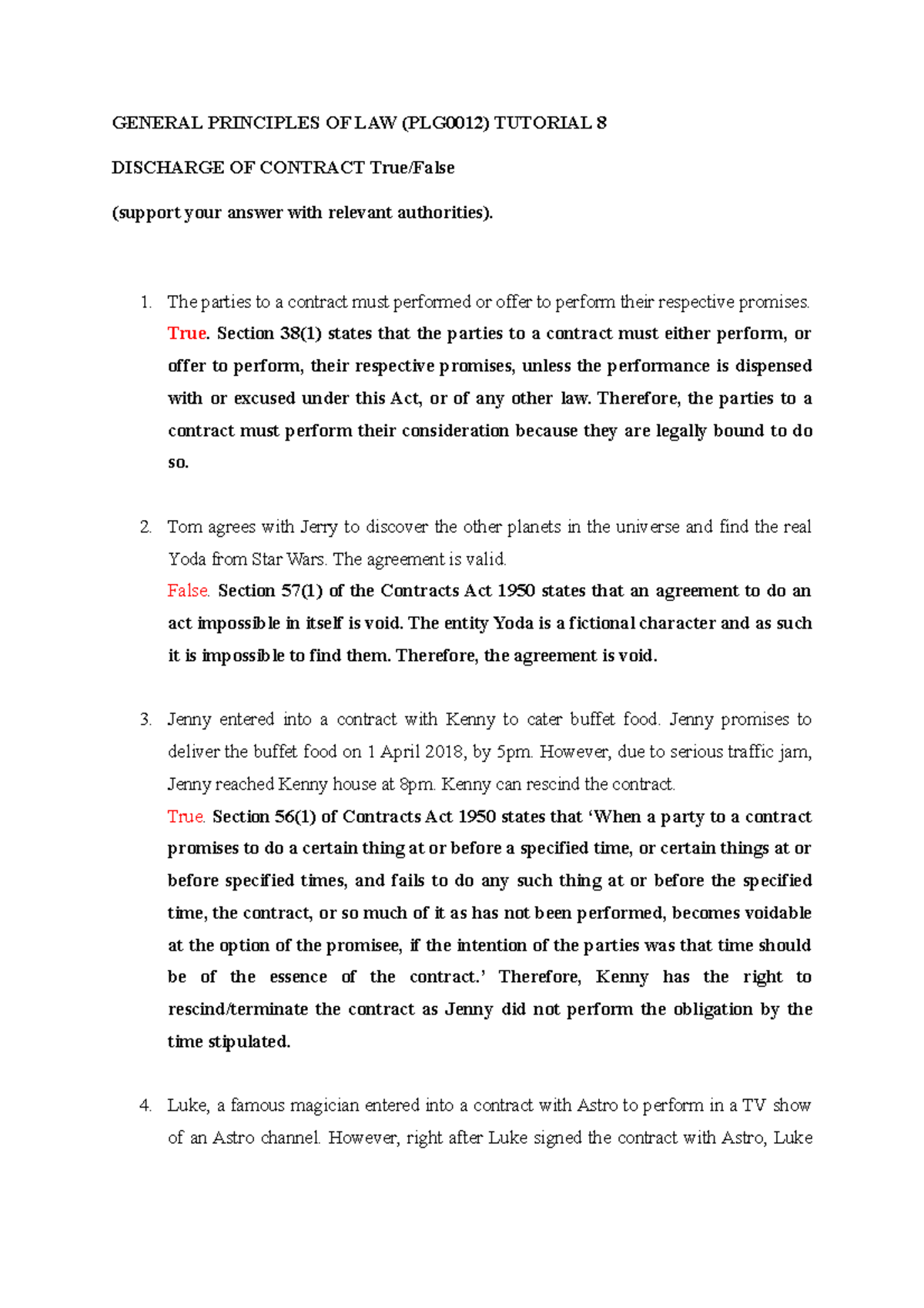 TUT 7 GPOL - Discharge of contract - GENERAL PRINCIPLES OF LAW (PLG0012 ...